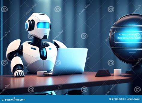 Robot As Ai Chatbot Typing On Laptop Sitting In Office Desk Stock Illustration Illustration Of