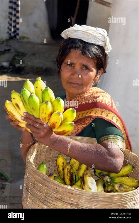 Indian Woman Selling Bananas At A Village Market Near Mysore Stock