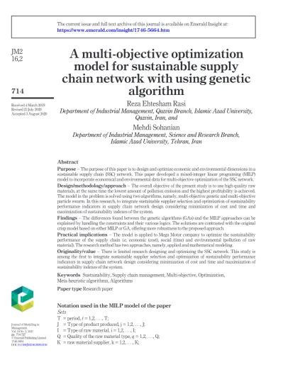 A Multi Objective Genetic Algorithm Model For Sustainable Supply Chain Network Optimization