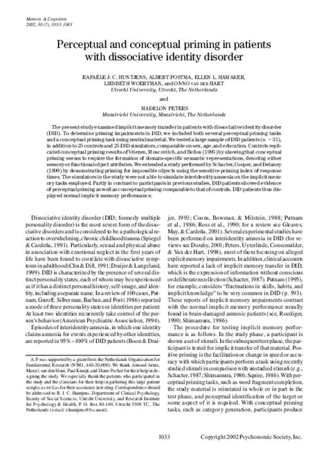 Pdf Perceptual And Conceptual Priming In Patients With Dissociative Identity Disorder