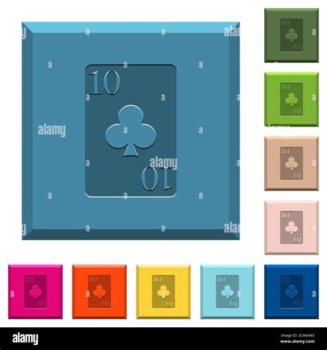 Ten Of Clubs Card Engraved Icons On Edged Square Buttons In Various Trendy Colors Stock Vector