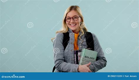 Woman Student And Nerd In Glasses With Books Science And Smile In