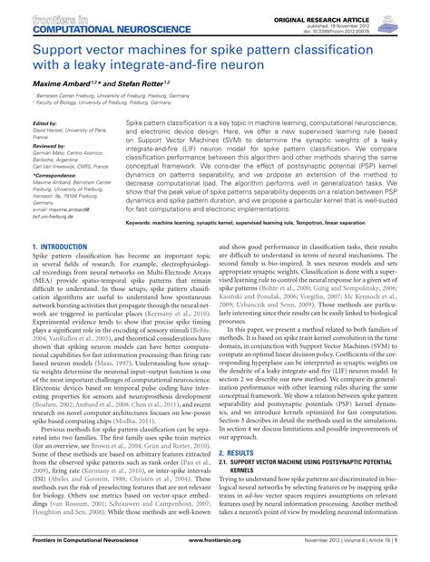 PDF Support Vector Machines For Spike Pattern Classification With A Leaky Integrate And Fire