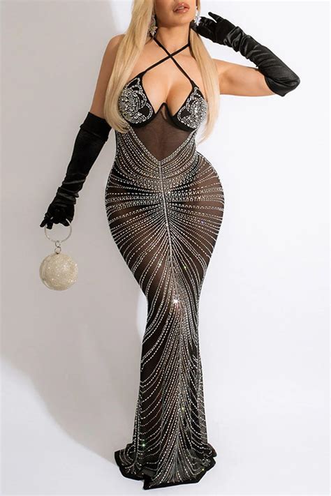 Sexy Solid Split Joint See Through Hot Drill Halter Dresses