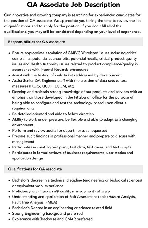 Qa Associate Job Description Velvet Jobs