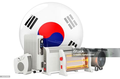난방 장치가 있는 대한민국 국기 한국에서 대류 팬 오일 충전 및 적외선 히터의 제조 거래 및 서비스 3d 렌더링 0명에 대한