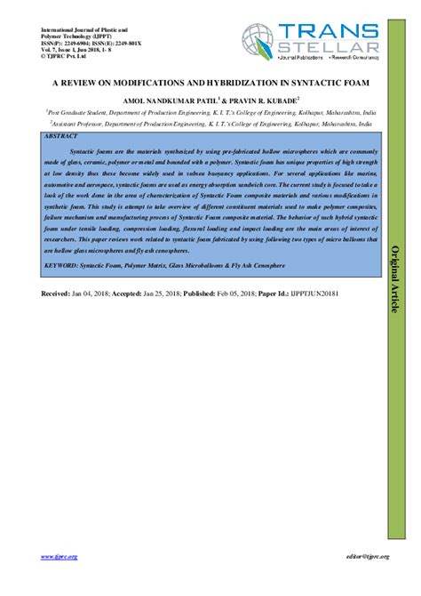 Pdf A Review On Modifications And Hybridization In Syntactic Foam