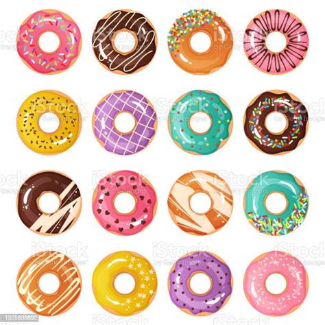 화려한 도넛 초콜릿과 과자로 장식된 만화 유약 디저트 고립 된 달콤한 도넛 세트 맛있는 케이크 템플릿 구운 정크 푸드 벡터 귀여운 맛있는 식사 벡터에 대한 스톡 벡터 아트