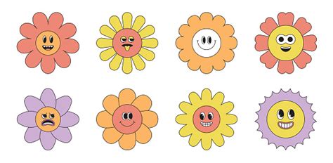 단순한 순진하고 히피족의 그루비 스타일의 벡터 일러스트레이션 웃는 얼굴 스티커 포스터 디자인 템플릿 행복한 꽃 프린트가 있는 꽃과 식물 배지에 대한 스톡 벡터 아트 및 기타