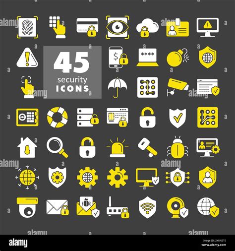 Security Vector Icon Set On Dark Background Cyber Lock Password Unlock Guard Shield Home