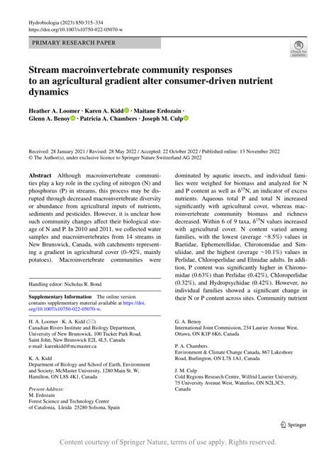 Stream Macroinvertebrate Community Responses To An Agricultural Gradient Alter Consumer Driven