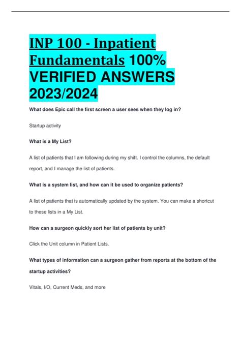 Inp 100 Inpatient Fundamentals 100 Verified Answers 20232024 Inp 100 Inpatient