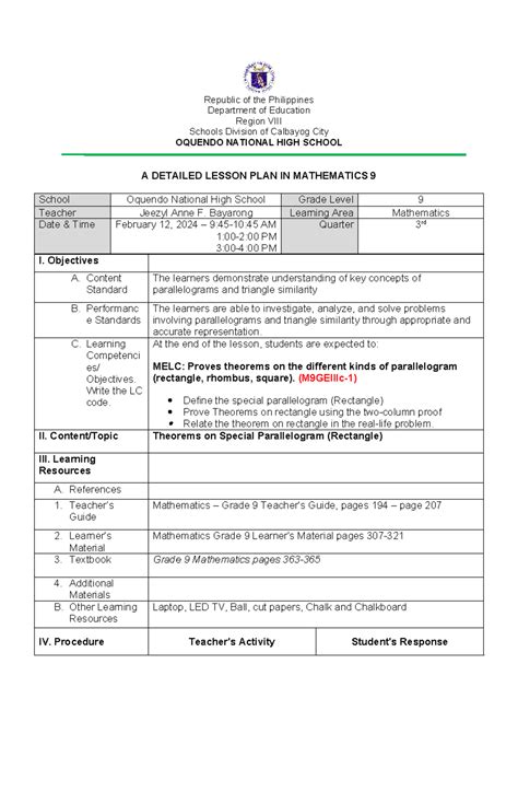 1 Theorems On Rectangle Dlp Republic Of The Philippines Department Of Education Region Viii