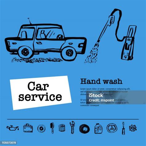 자동차 서비스 개념입니다 장면이 있는 웹 배너는 자동차 서비스 손 씻기 타이어 서비스 자동차 수리 등의 작업자를 제공 합니다 낙서 잉크 스타일 벡터 일러스트 레이 션입니다