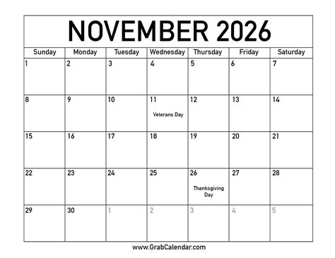 November 2026 Calendar With Holidays Free Printable Templates