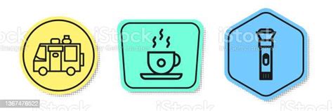 세트 라인 Rv 캠핑 트레일러 커피 컵과 손전등 컬러 셰이프입니다 벡터 경영자에 대한 스톡 벡터 아트 및 기타 이미지 경영자 교통수단 다중 색상 Istock