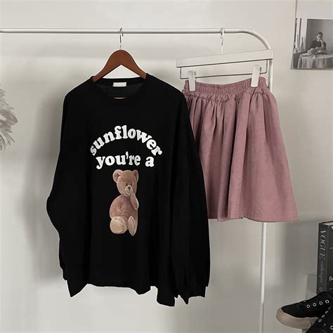 리리모드 큐티 베어 박스 긴팔 맨투맨 티셔츠 오버핏 곰돌이 롱티 코튼 빅사이즈 데일리코디