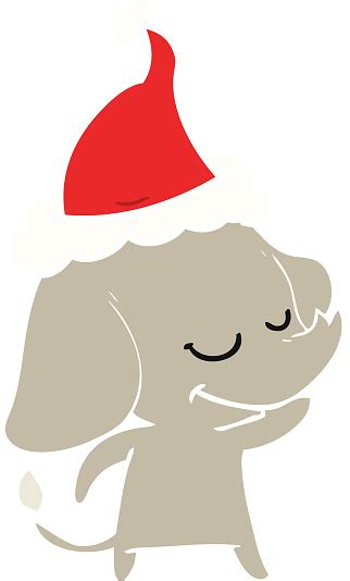 산타 모자를 쓰고 웃고 있는 코끼리의 손으로 그린 평면 컬러 그림 귀여운에 대한 스톡 벡터 아트 및 기타 이미지 귀여운