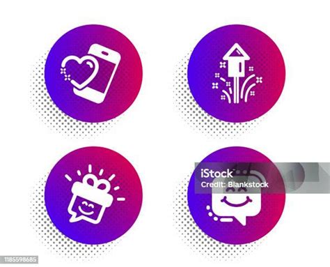 불꽃놀이 미소와 하트 아이콘 세트 미소 채팅 기호입니다 크리스마스 불꽃 선물 상자 러브 콜 행복한 얼굴 벡터 기포에 대한 스톡