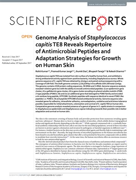 Pdf Genome Analysis Of Staphylococcus Capitis Te8 Reveals Repertoire Of Antimicrobial Peptides