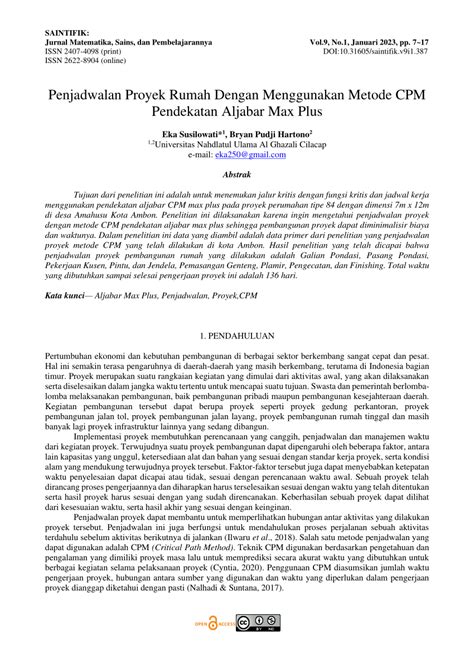 Pdf Penjadwalan Proyek Rumah Dengan Menggunakan Metode Cpm Pendekatan Aljabar Max Plus