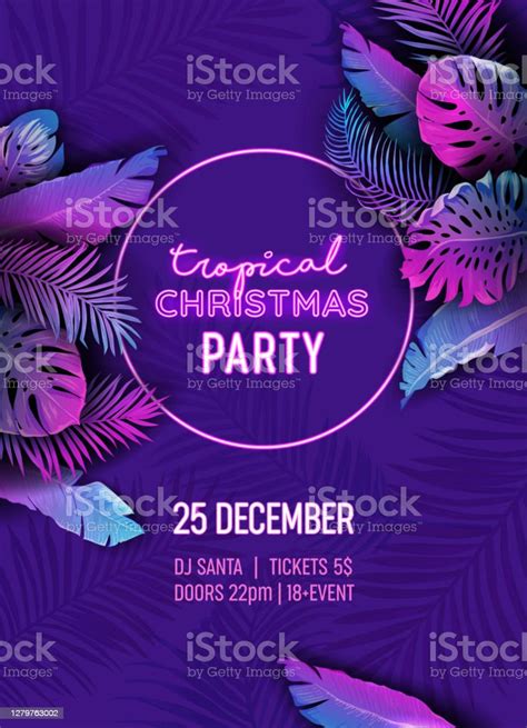 디스코 크리스마스 트로픽 파티 벡터 포스터 새해 여름 휴가 전단지 네온 몬스터 야자수 잎 디자인 겨울 해변 휴일 활기찬 템플릿