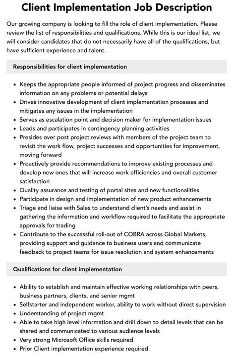 Client Implementation Job Description Velvet Jobs