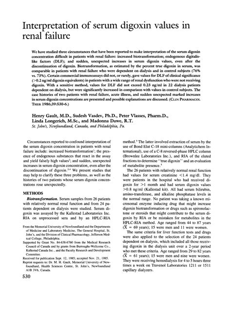 Pdf Interpretation Of Serum Digoxin Values In Renal Failure