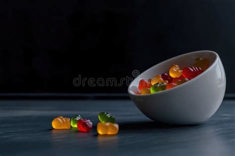 Colorful Gummy Bears Spilling From White Bowl On Dark Surface Stock