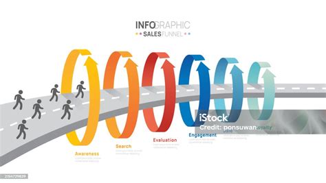 판매 깔때기 화살표 디지털 마케팅 및 스타트업 비즈니스를 위한 6단계가 있는 인포그래픽 벡터 템플릿입니다 0명에 대한 스톡 벡터