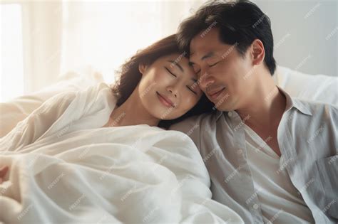 Premium Ai Image Mature Asian Romantic Couple Sleeping And Hugging In Bed Covered With Blanket