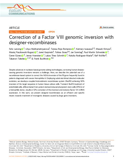 Pdf Correction Of A Factor Viii Genomic Inversion With Designer Recombinases