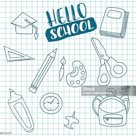 안녕하세요 학교 손 그리기 스케치 스타일에서 인사말 카드 낙서 우대 또는 배너 만화 벡터 일러스트 타이 포 그래피 스크립트 텍스트입니다 3차원 형태에 대한 스톡 벡터 아트