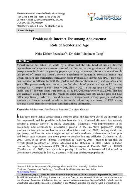 Pdf Problematic Internet Use Among Adolescents Role Of Gender And Age