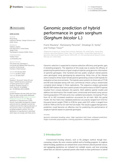 Pdf Genomic Prediction Of Hybrid Performance In Grain Sorghum