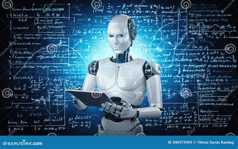 3d Rendering Humanoid Robot Using Tablet Computer With Mathematical Formulas On Background