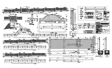 Perimeter Fence Elevation Section Plan And Constructive Structure Details Dwg File Fence