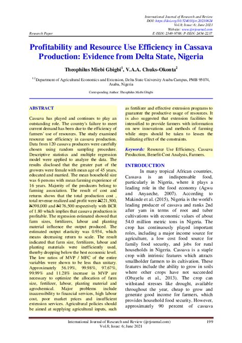 Pdf Profitability And Resource Use Efficiency In Cassava Production