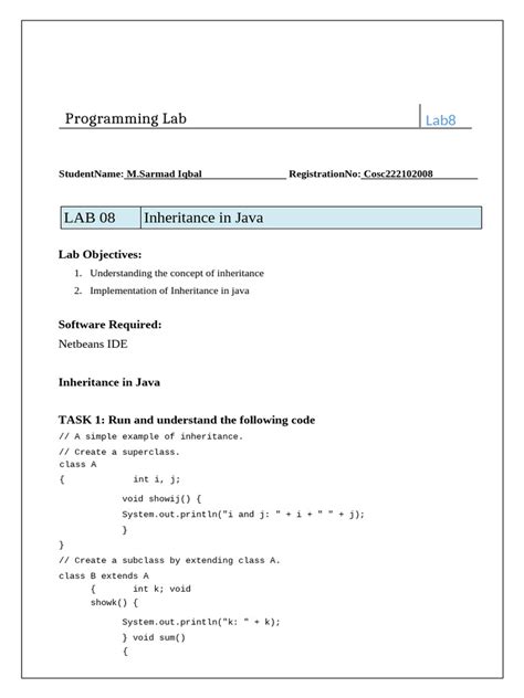 lab 8 sarmad pdf inheritance object oriented programming object