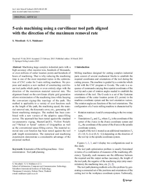 Pdf 5 Axis Machining Using A Curvilinear Tool Path Aligned With The