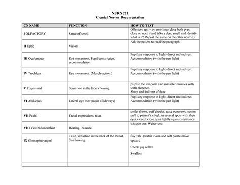 Cranial Nerve Doc For Documentation Nurs 221 Cranial Nerves