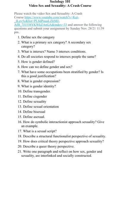 Solved Sociology Video Sex And Sexuality A Crash Course Chegg Com