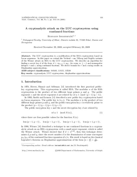 Pdf A Cryptanalytic Attack On The Luc Cryptosystem Using Continued Fractions
