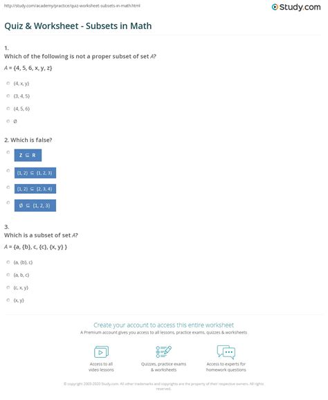 Quiz And Worksheet Subsets In Math