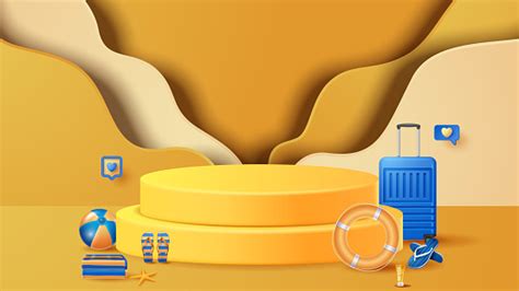 해변 장식품이있는 여름 전시 연단 장식 배경 벡터 3d 일러스트 레이 션 0명에 대한 스톡 벡터 아트 및 기타 이미지 0명 3차원 형태 강단 Istock
