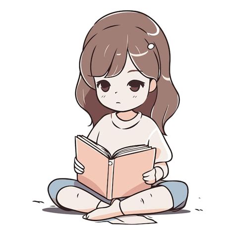 책 읽고 앉아 있는 귀여운 어린 소녀 프리미엄 벡터