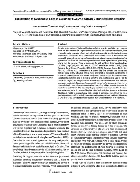 Pdf Exploitation Of Gynoecious Lines In Cucumber Cucumis Sativus L