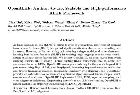 Openrlhf An Easy To Use Scalable And High Performance Rlhf Framework As Large Language Models