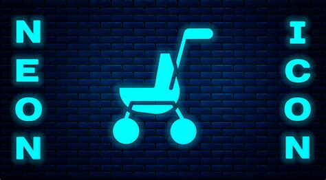 벽돌 벽 배경에 고립 된 빛나는 네온 유모차 아이콘 유모차 버기 유모차 유모차 바퀴 벡터 0명에 대한 스톡 벡터 아트 및 기타 이미지 Istock
