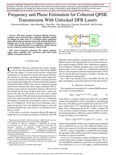 Pdf Frequency And Phase Estimation For Coherent Qpsk Transmission With Unlocked Dfb Lasers